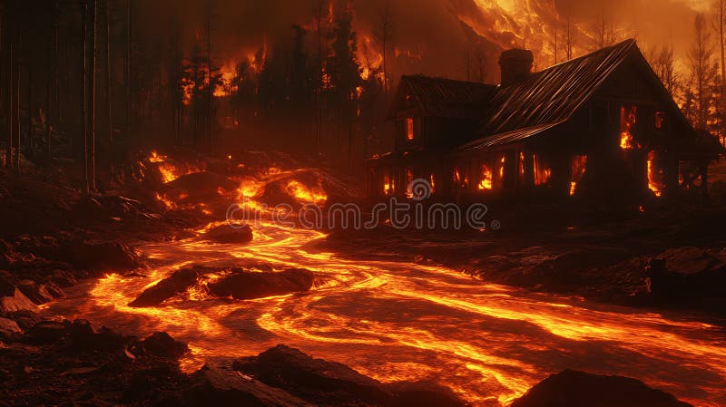 Burning House with Flowing Lava, Dramatic Orange Hues Stock ...