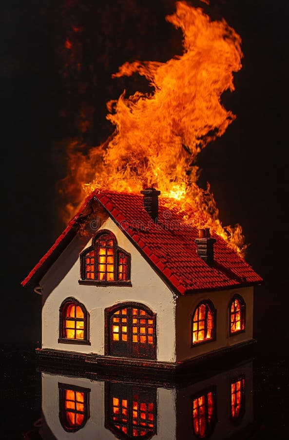 Burning House Model Intense Fire Flames Night High Quality Image Stock ...