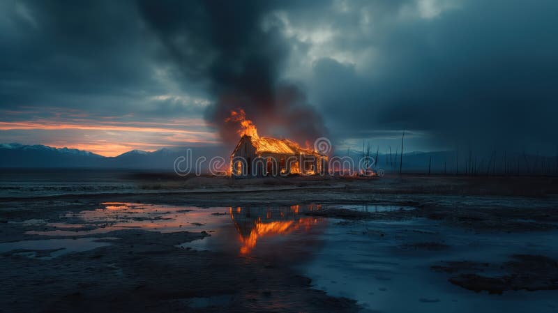 Burning House Stands in Desolate Wet Plain Surrounded by Dark Clouds ...