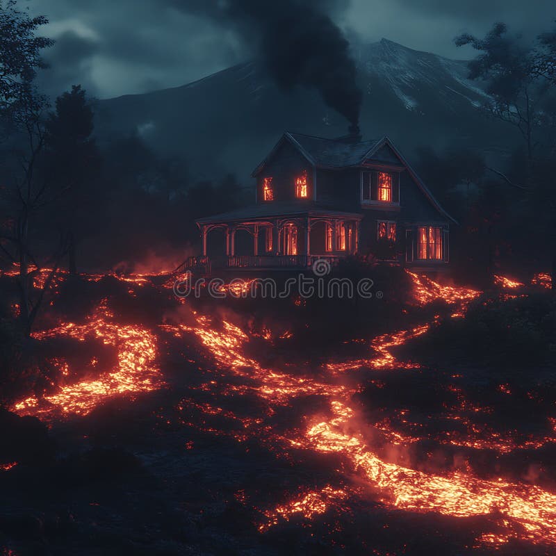 A Burning House Surrounded by Flowing Lava and Smoke Stock Illustration ...