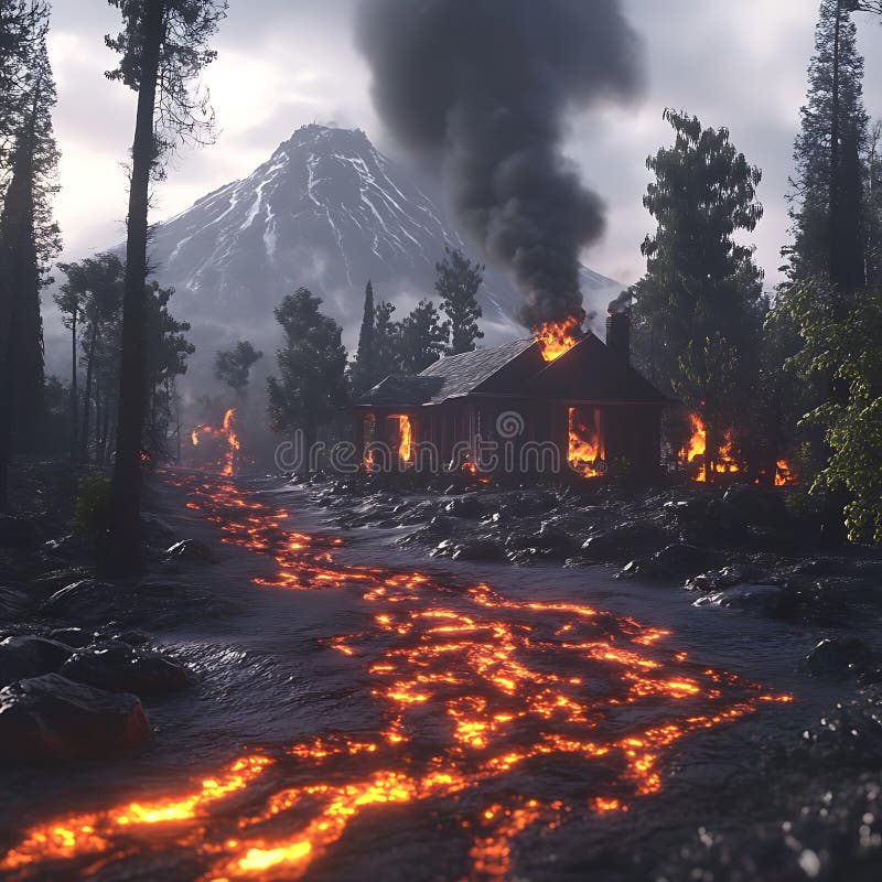 Burning House Surrounded by Lava Flow and Volcanic Mountain Stock ...