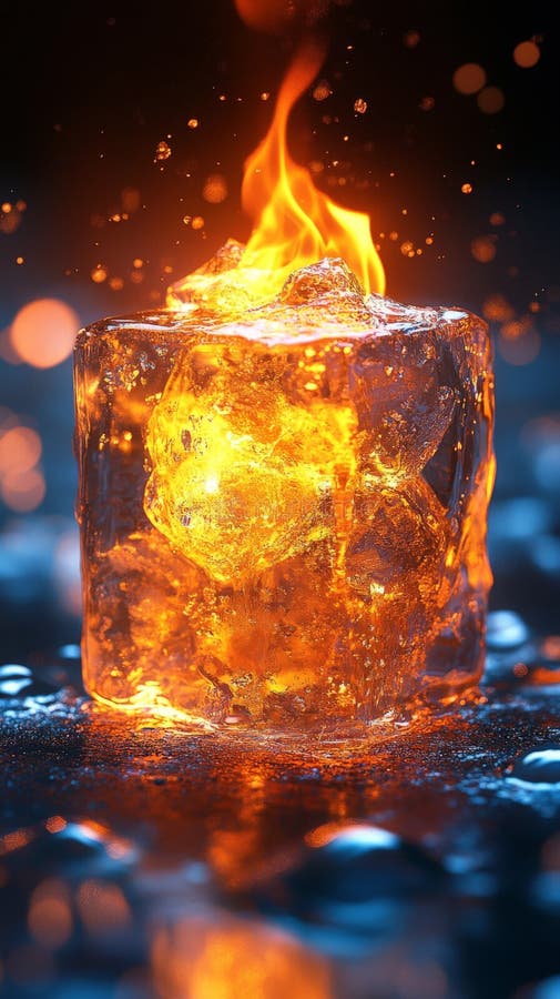 Burning Ice Cube with Intense Flames Melting on Wet Surface Stock Image ...