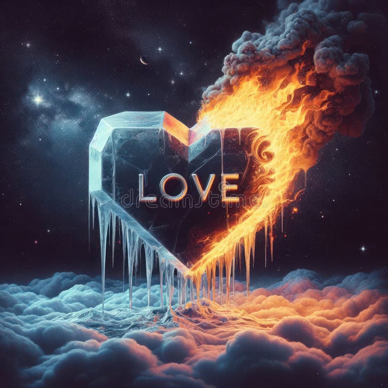 A Burning Icy Heart with the Inscription LOVE. Stock Illustration ...
