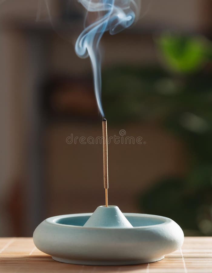 Burning Incense Stick in Ceramic Holder with Soft Smoke Stock ...