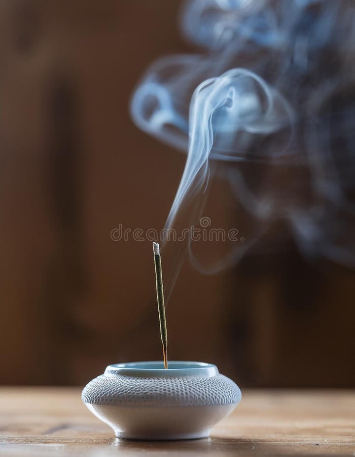 Burning Incense Stick in Ceramic Holder with Soft Smoke Stock ...