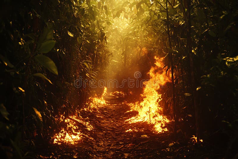 Burning Jungle Path Dramatic Fire in Tropical Forest at Dusk Stock ...