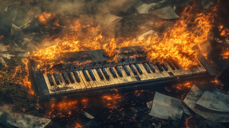 Burning Keyboard with Scattered Sheets, Symbolizing Creative ...