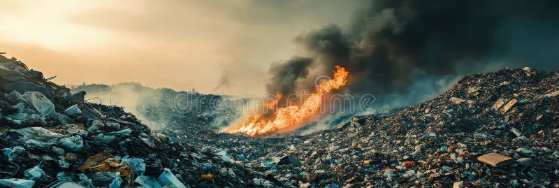 Burning Landfill with Dense Smoke and Fire Amidst Piles of Trash and ...