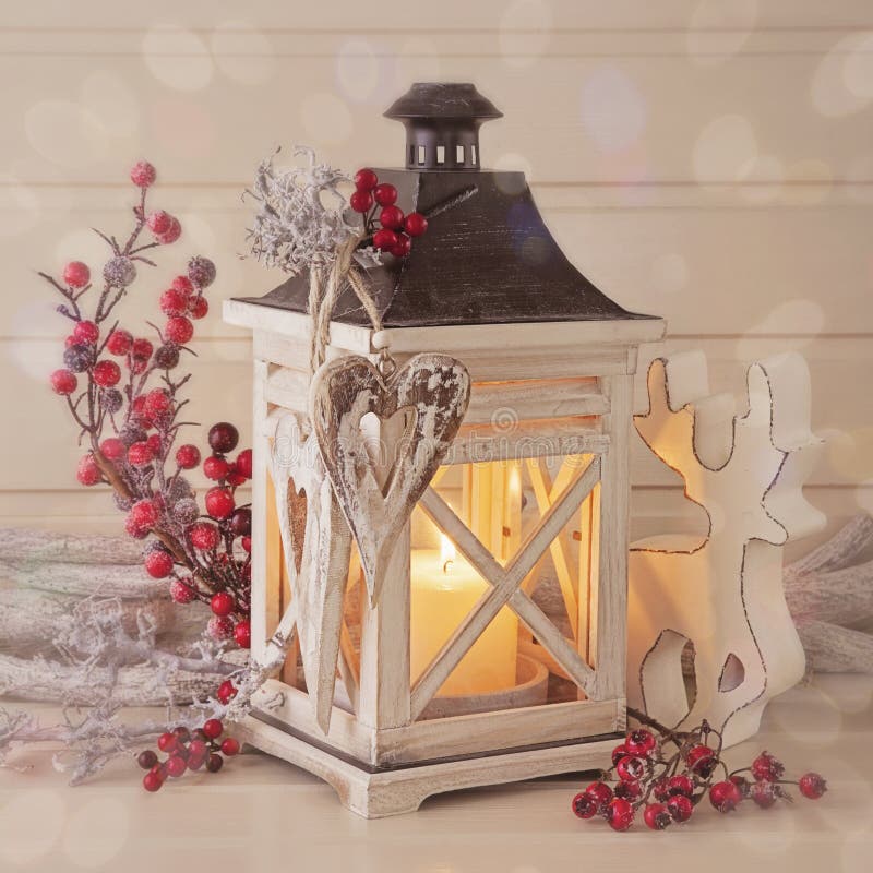 Burning Lantern and Christmas Decoration Stock Image - Image of outdoor ...