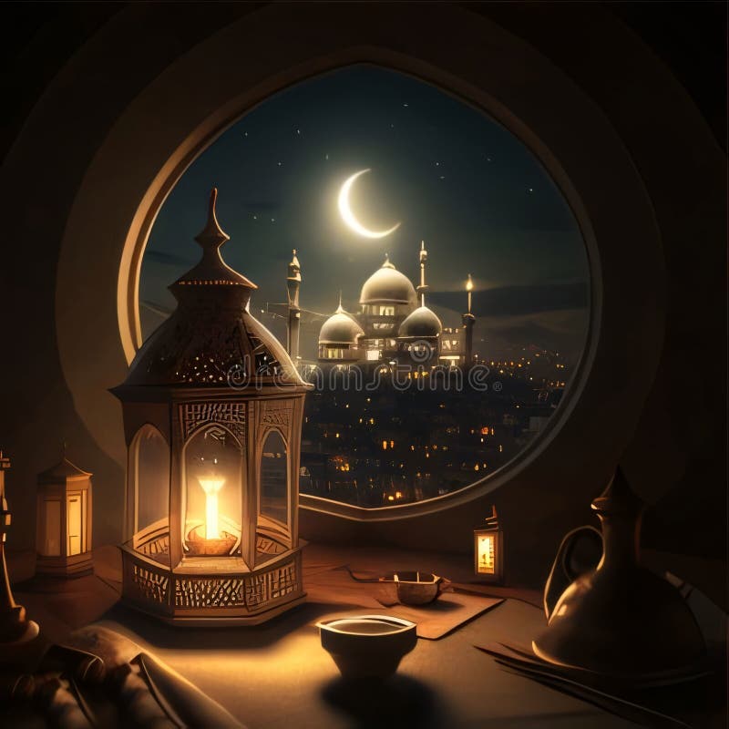 A Burning Lantern in a Round Window Overlooking the Mosque Building and ...