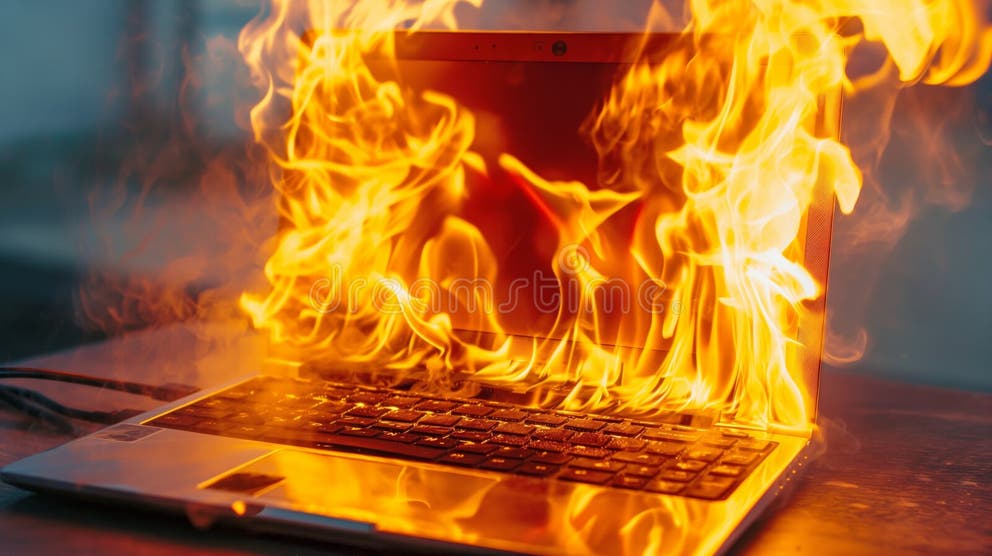 Burning Laptop. Computer on Fire Stock Illustration - Illustration of ...