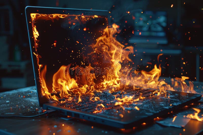 Burning Laptop Computer with Flames Showing Technology Failure Stock ...