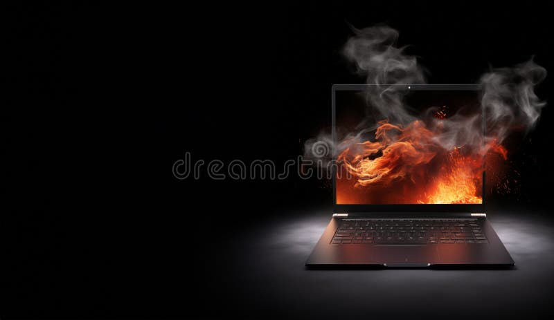 A Burning Laptop Computer - Smoke and Fire - Isolated Black Background ...
