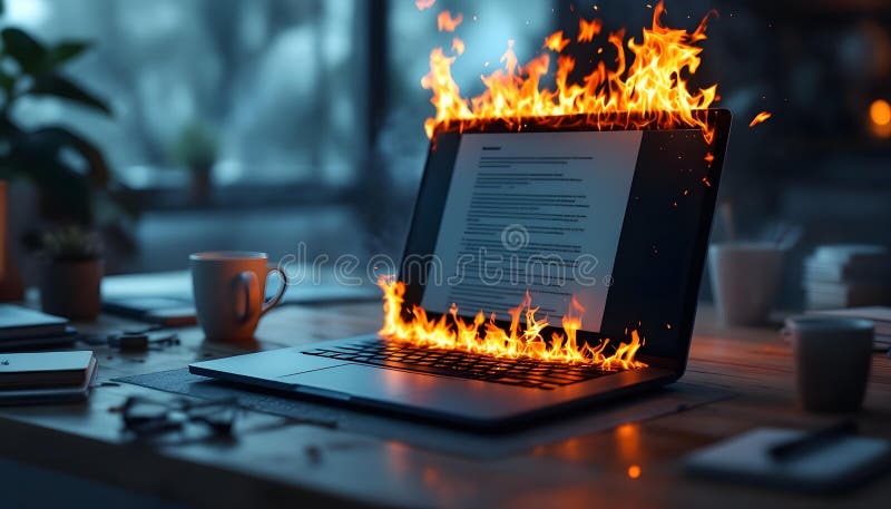 Burning Laptop on Desk at Night: Data Loss and Technological Failure ...