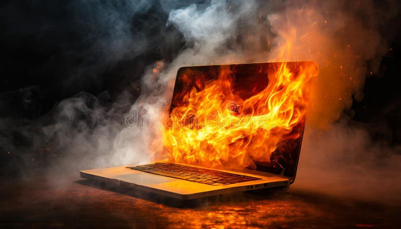 Burning Laptop on a Table with Smoke. Generative AI Illustration. Stock ...