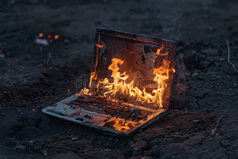 Burning Laptop on Ground at Night. Symbolizes Technological Issues ...