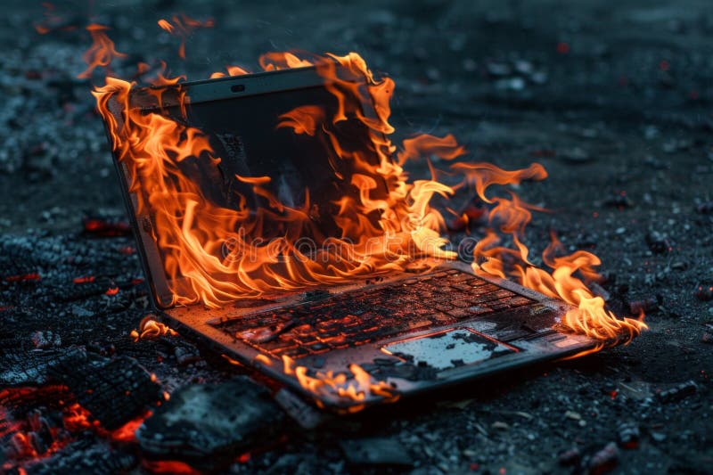 Burning Laptop in Intense Fire. Dark, Dramatic Scene Shows a ...