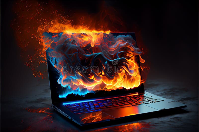Burning Laptop, Open Laptop with Tongues of Flame Stock Illustration ...