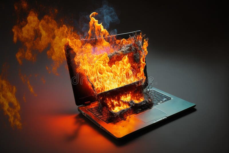 Burning Laptop on a Table with Smoke. Generative AI Illustration. Stock ...