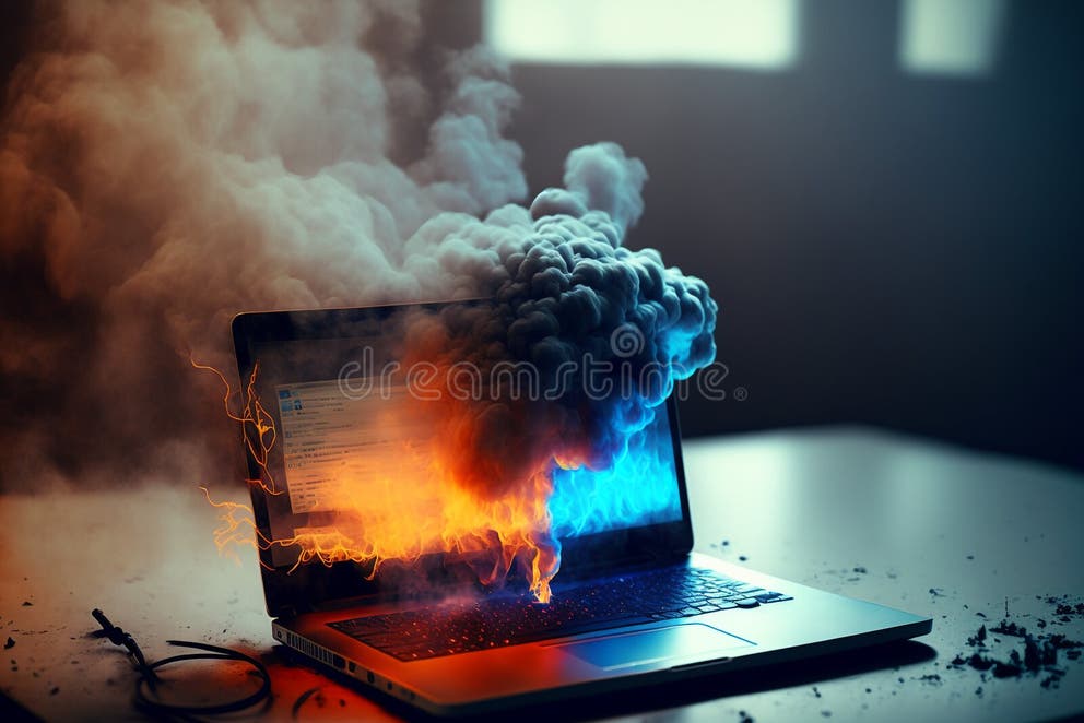 Burning Laptop on a Table with Smoke. Generative AI Illustration. Stock ...