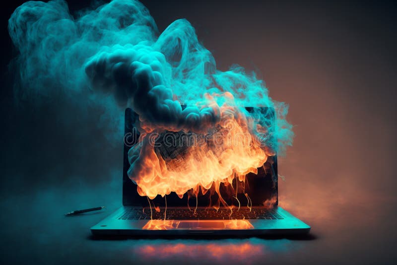 Burning Laptop on a Table with Smoke. Generative AI Illustration. Stock ...
