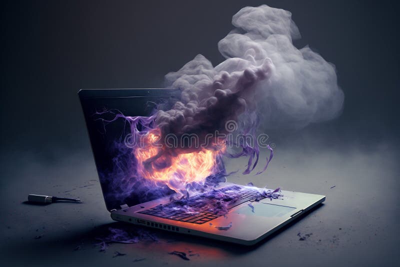 Burning Laptop on a Table with Smoke. Generative AI Illustration. Stock ...