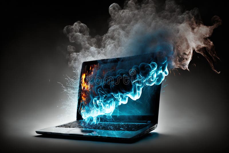 Burning Laptop on a Table with Smoke. Generative AI Illustration. Stock ...