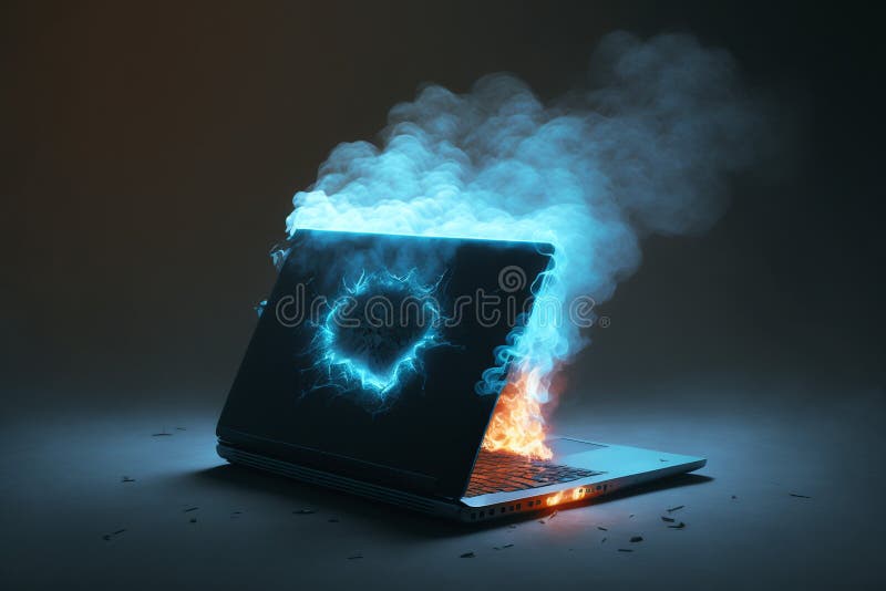 Burning Laptop on a Table with Smoke. Generative AI Illustration. Stock ...