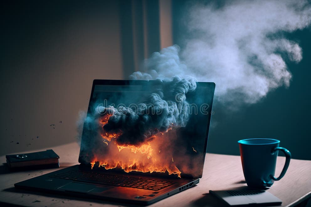 Burning Laptop on a Table with Smoke. Generative AI Illustration. Stock ...