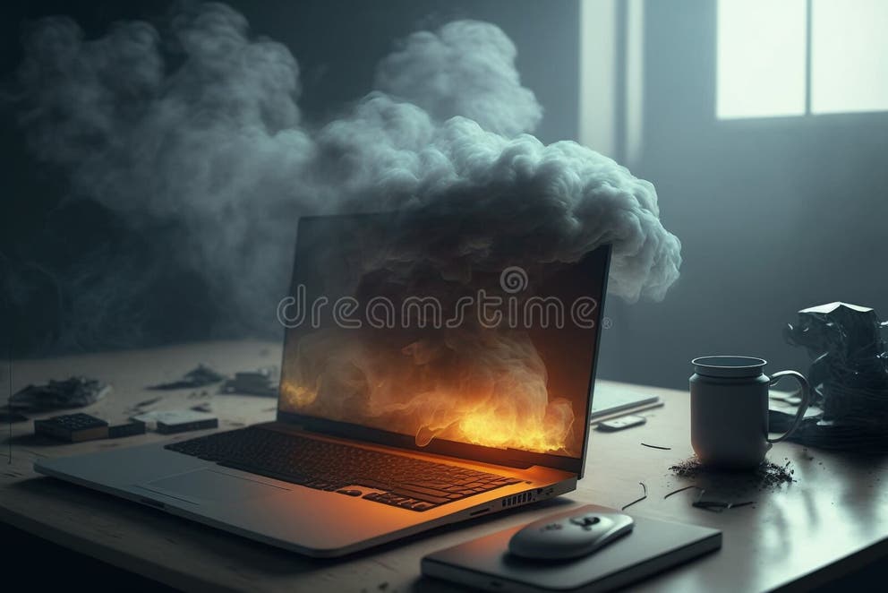 Burning Laptop on a Table with Smoke. Generative AI Illustration. Stock ...