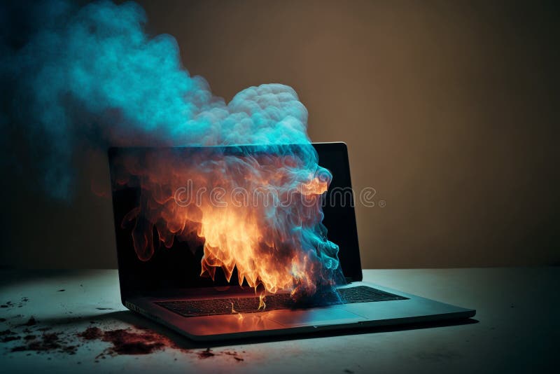 Burning Laptop on a Table with Smoke. Generative AI Illustration. Stock ...