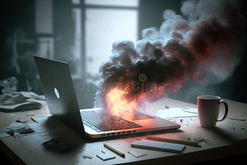 Burning Laptop on a Table with Smoke. Generative AI Illustration. Stock ...