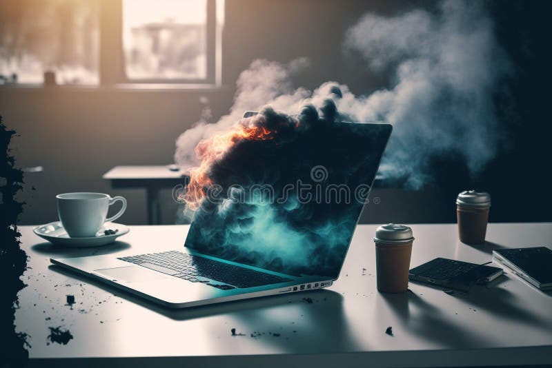 Burning Laptop on a Table with Smoke. Generative AI Illustration. Stock ...