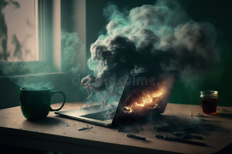 Burning Laptop on a Table with Smoke. Generative AI Illustration. Stock ...