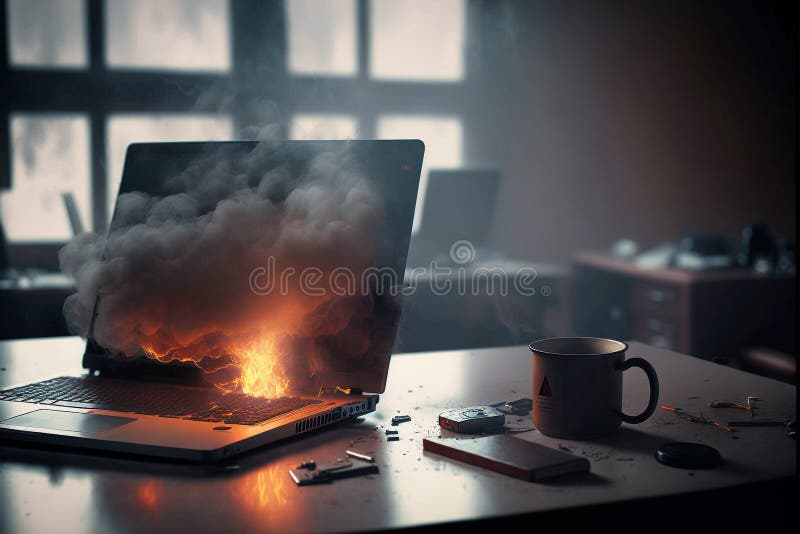 Burning Laptop on a Table with Smoke. Generative AI Illustration. Stock ...