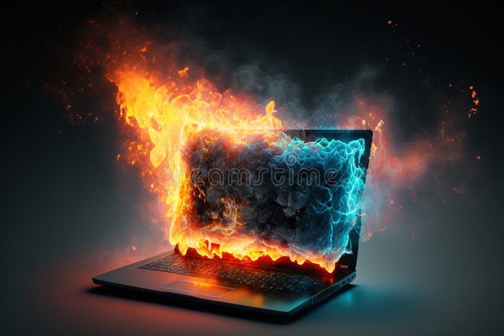 Burning Laptop on a Table with Smoke. Generative AI Illustration. Stock ...
