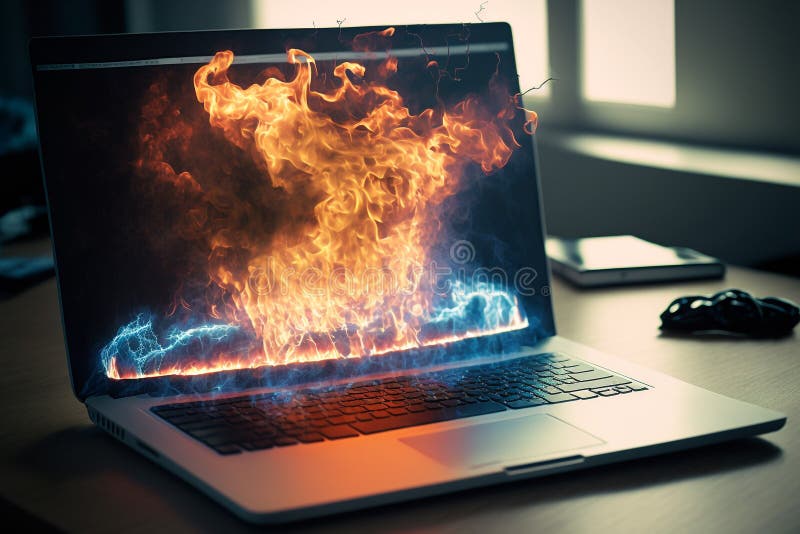 Burning Laptop on a Table with Smoke. Generative AI Illustration. Stock ...