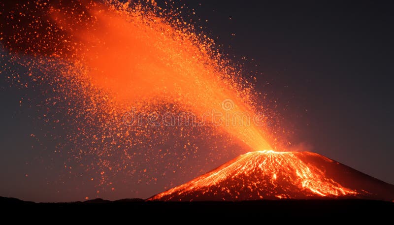 Burning Lava and Smoke from a Volcano, a Volcanic Eruption at Night ...