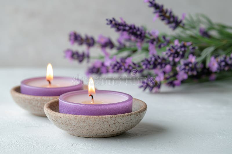 Burning Lavender Scented Candles Creating Relaxing Atmosphere Stock ...