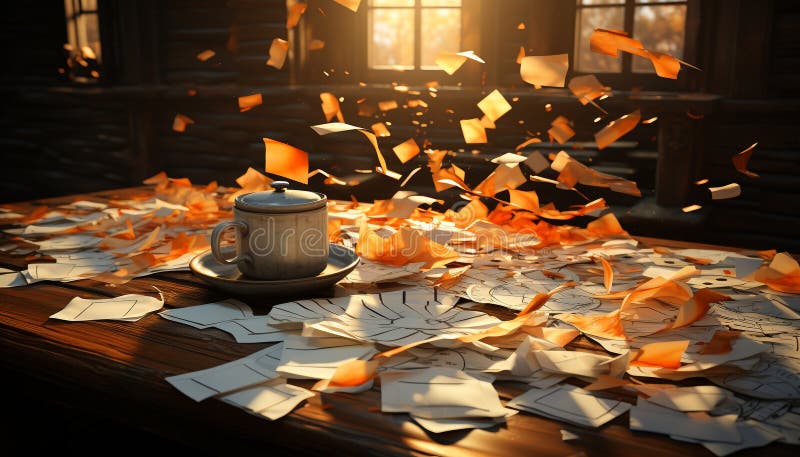 Burning Leaf on Messy Table Creates Cozy Warmth Generated by AI Stock ...