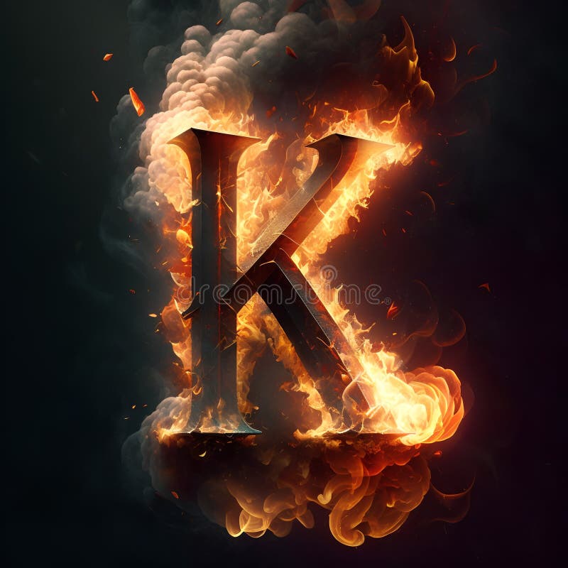 Burning Letter K in the Form of a Fiery Explosion with Smoke on a Black ...