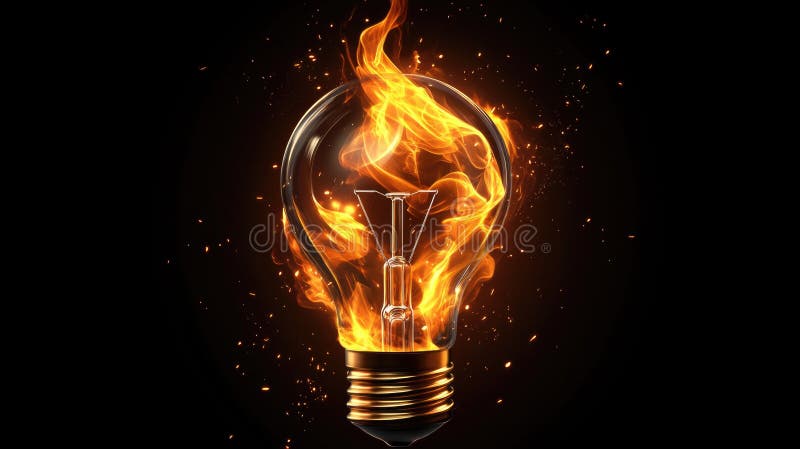 Burning Light Bulb with Fiery Flames and Sparks in Darkness Stock Photo ...