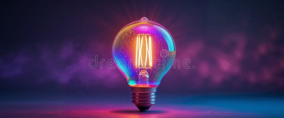 Burning Light Bulb Illuminated with Intense Colors and Glow. Stock ...