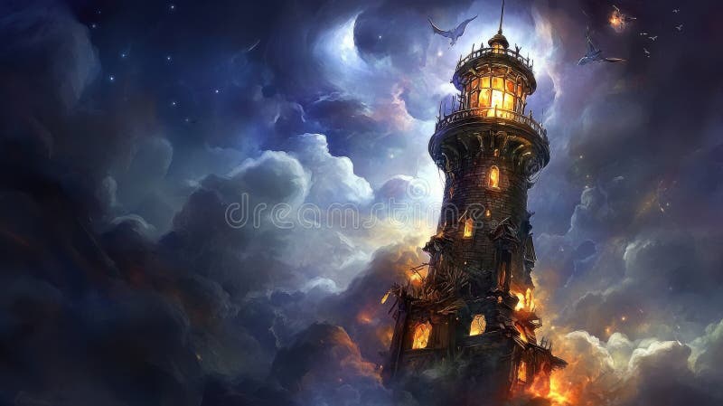 Burning Lighthouse Fantasy Art Dramatic Night Sky Cloudscape Old Fire ...