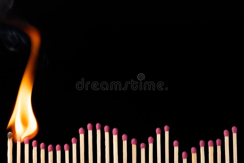 Burning line of matches stock photo. Image of symbol - 256471646