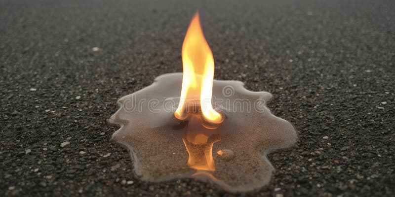 Burning Liquid Ignites on Asphalt Surface during a Hot Summer Day Stock ...