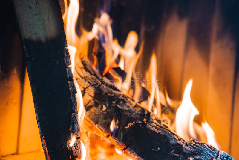 Close Up of Burning Log with Flames in Fireplace Interior Stock Photo ...