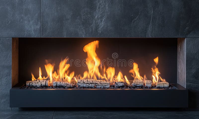 A Burning Log in a Contemporary Fireplace Stock Photo - Image of indoor ...