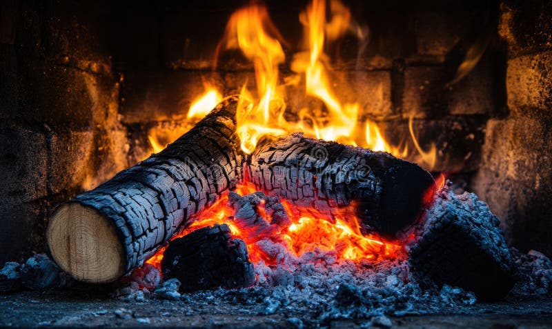 A Burning Log in a Fireplace with Dark Stone Walls, Bright Flames Stock ...