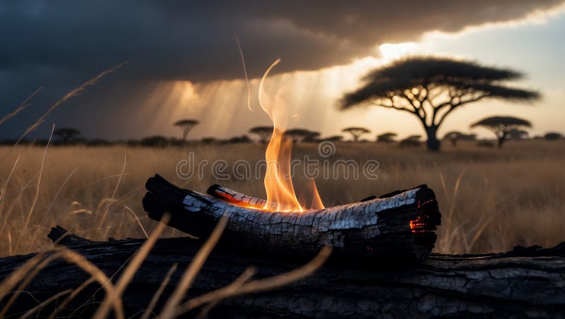 Burning Log at Sunset in African Savanna Stock Illustration ...